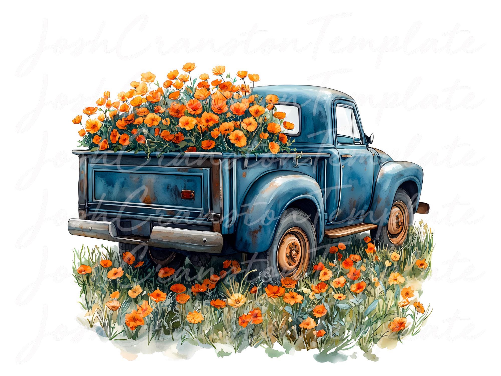 14 Vintage Truck Spring Flowers Clipart, Watercolor Floral Bouquet ...