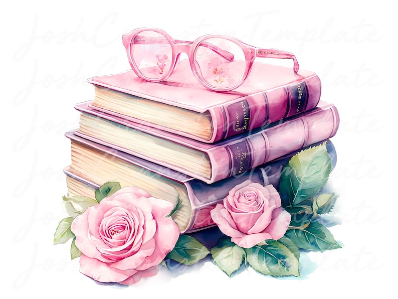 12 Vintage Books Clipart, Pink Book Stack, Spring Floral Illustration ...
