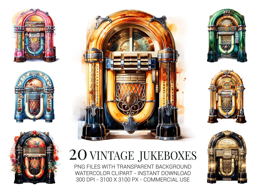 Vintage Jukeboxes Clipart Bundle, 20 Colorful Retro Music Jukebox Pngs ...