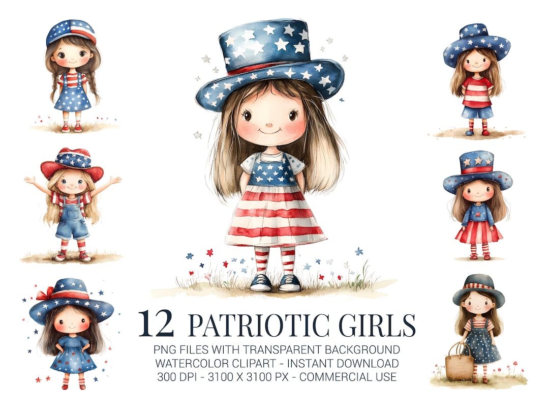Patriotic Girls Clipart Set, 12 Watercolor Cute Girls in Red White Blue ...