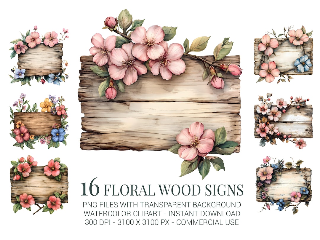 Floral Wood Signs Clipart – 16 Rustic Watercolor Wooden Sign Pngs for ...