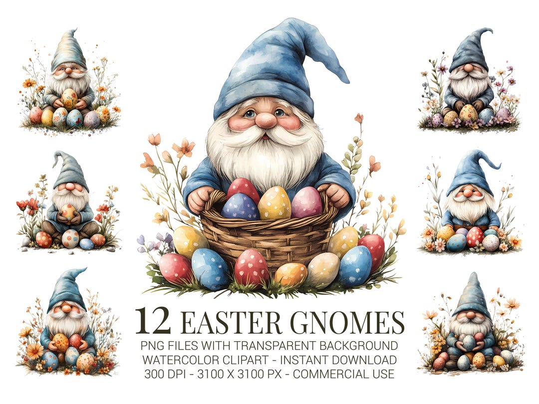 Watercolor Easter Gnomes Clipart Set: Spring Flowers, Colorful Eggs ...