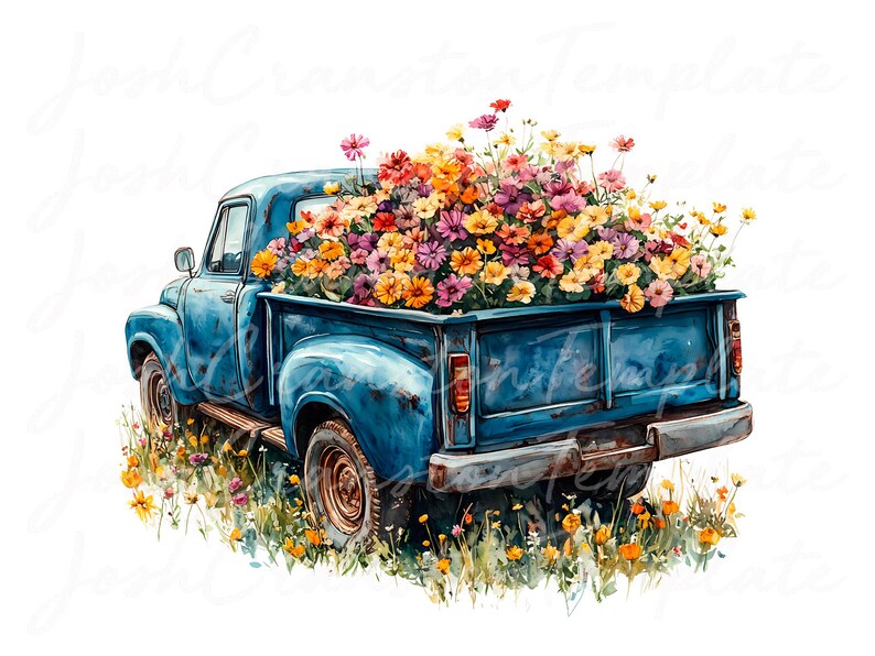 14 Vintage Truck Spring Flowers Clipart, Watercolor Floral Bouquet ...