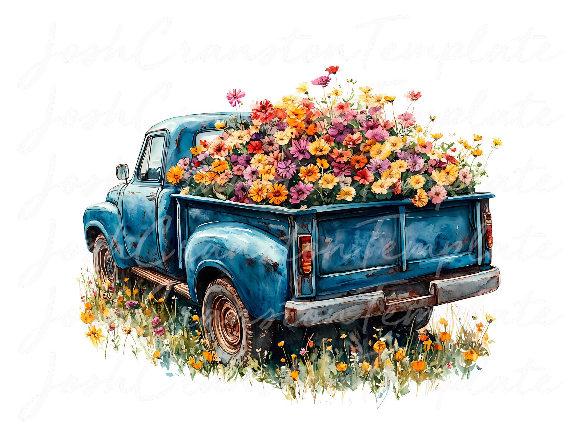 14 Vintage Truck Spring Flowers Clipart, Watercolor Floral Bouquet ...