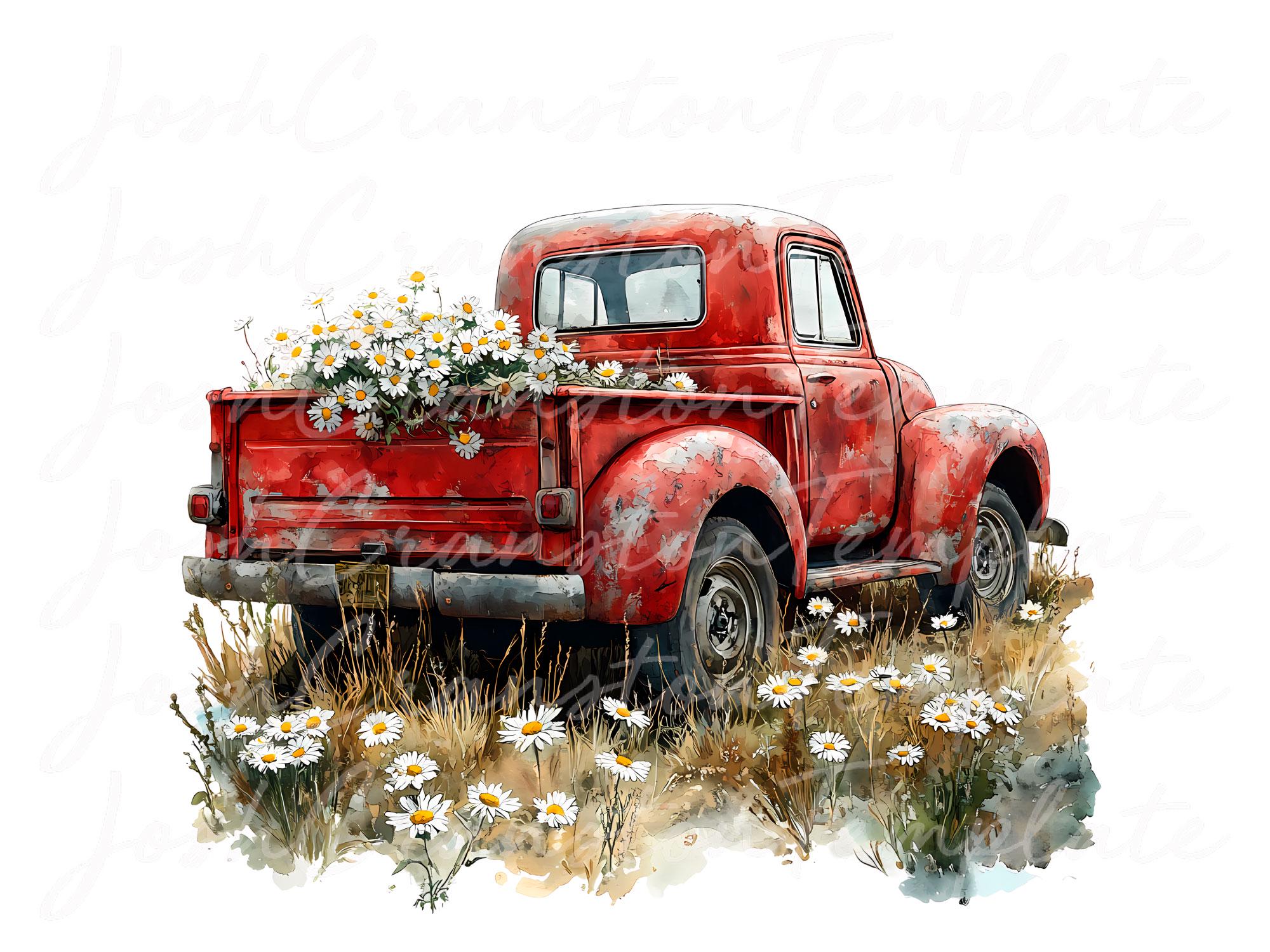 18 Vintage Truck Spring Flowers Illustration, Spring Digital Clipart ...