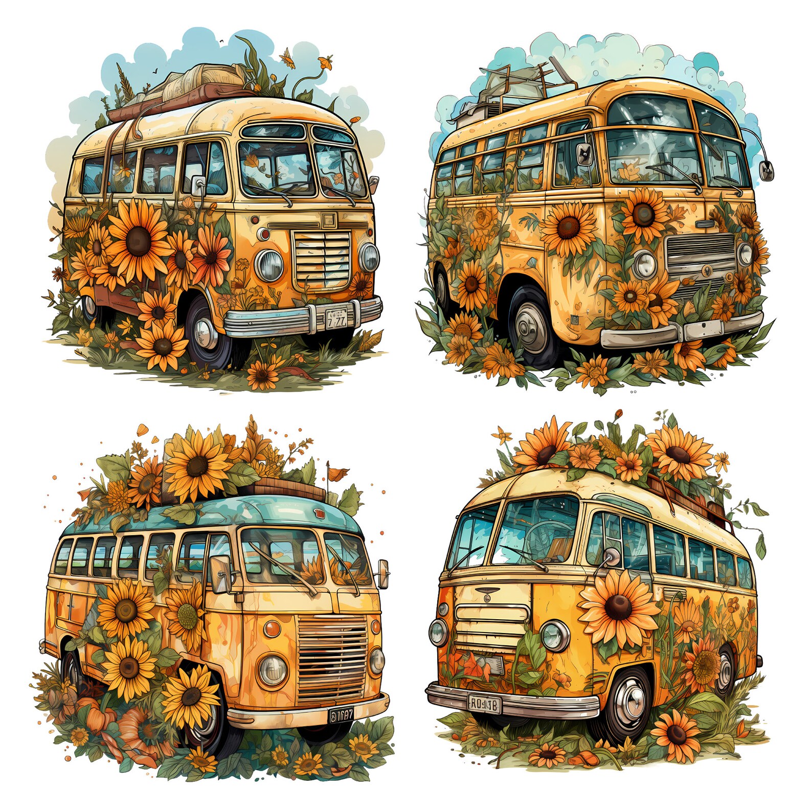 Hippie Bus With Sunflowers Clipart Set, Watercolor Bus Png, Yellow ...