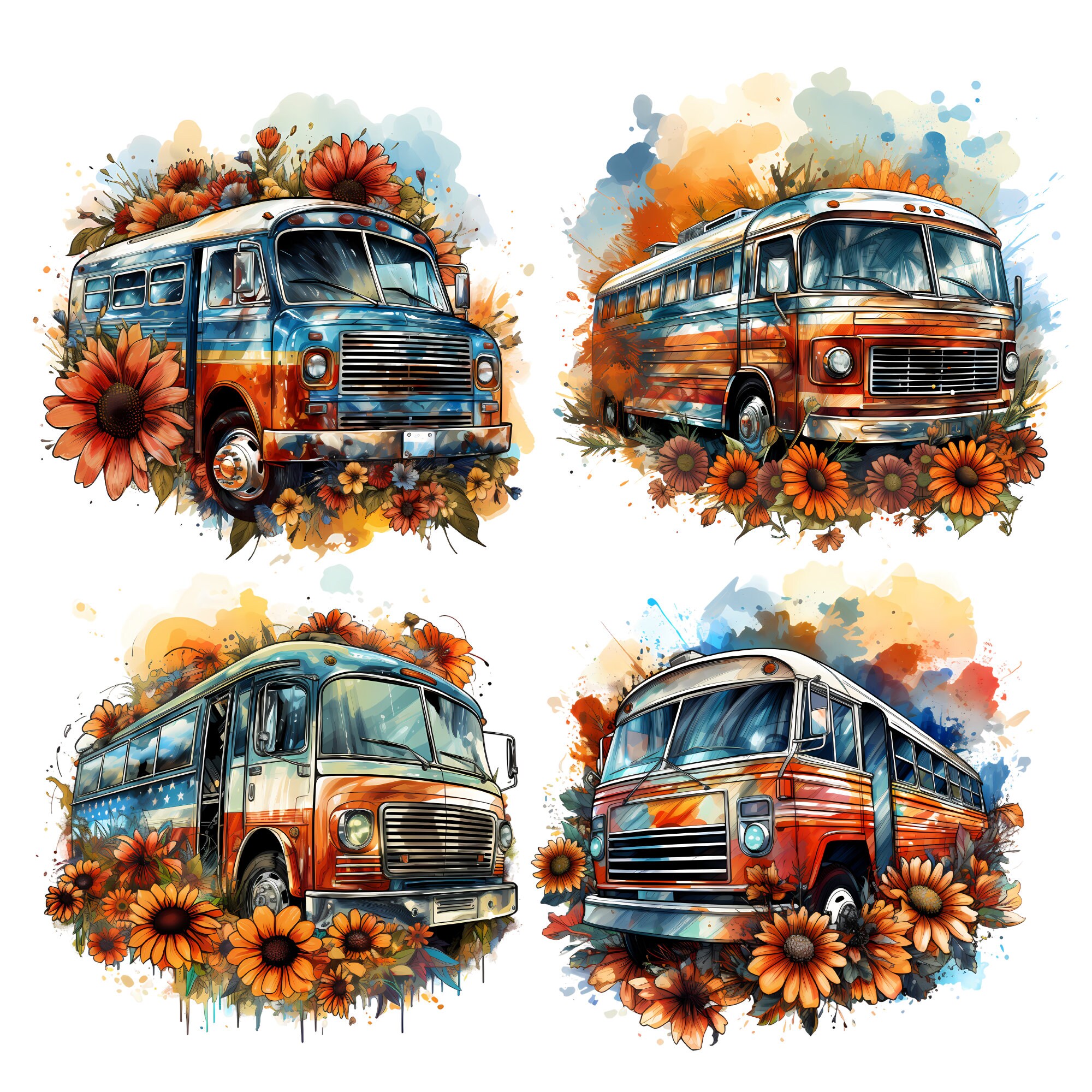 American Bus With Sunflowers Clipart, 4th July Decor, 4th of July Women ...