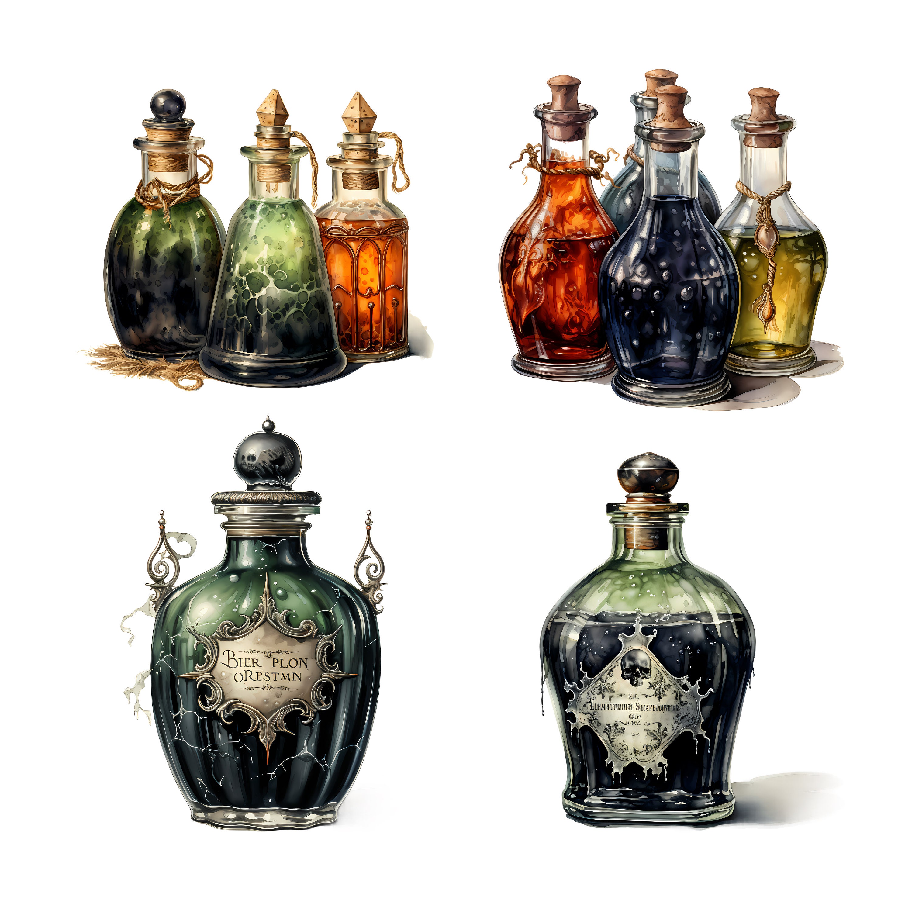 20 Halloween Potion Bottles Clipart, Watercolor Potion Botttle With ...