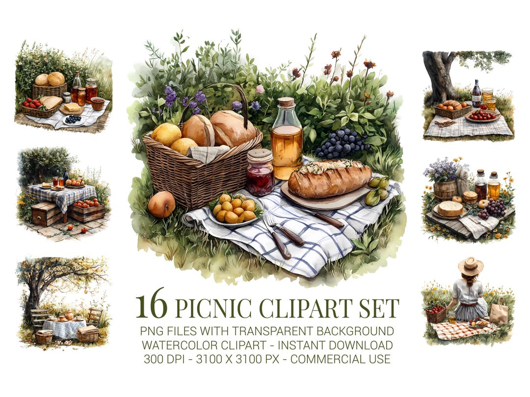 Picnic Clipart Set, 16 Watercolor Illustrations of Rustic Outdoor ...