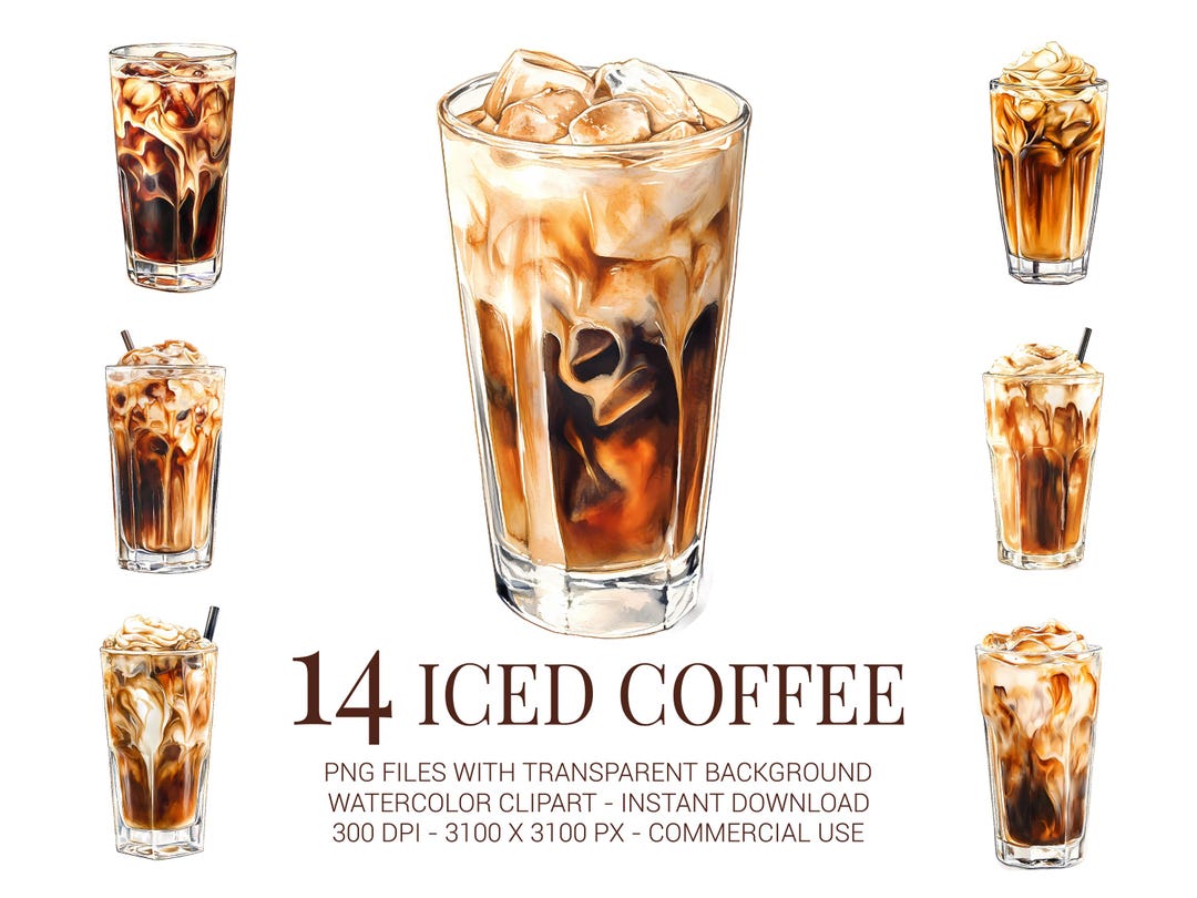 Iced Coffee Clipart Set, 14 Watercolor Iced Latte Pngs With Cream ...