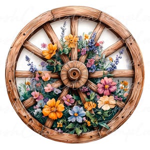 12 Spring Floral Digital Clipart, Wheel and Flowers Illustration ...