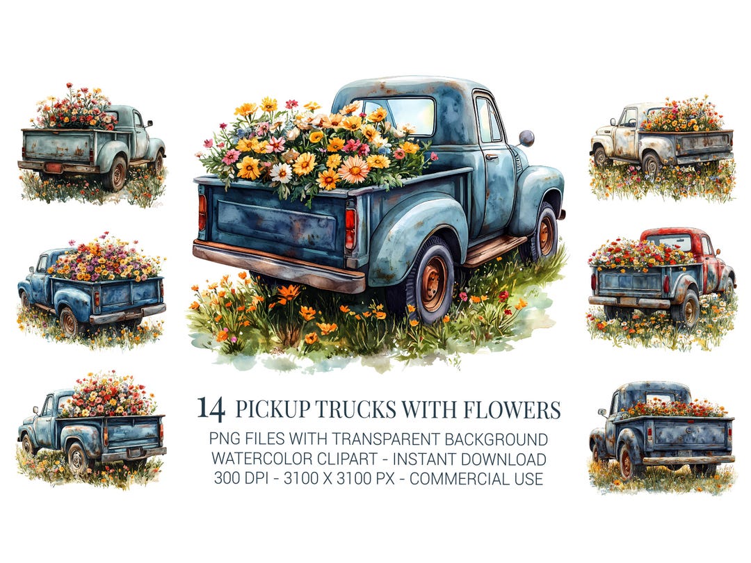 Vintage Truck Spring Flowers Clipart: Watercolor Floral (digital ...