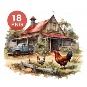 Farm Life Watercolor Pngs – 18 Country Chickens & Rustic Barnyard ...