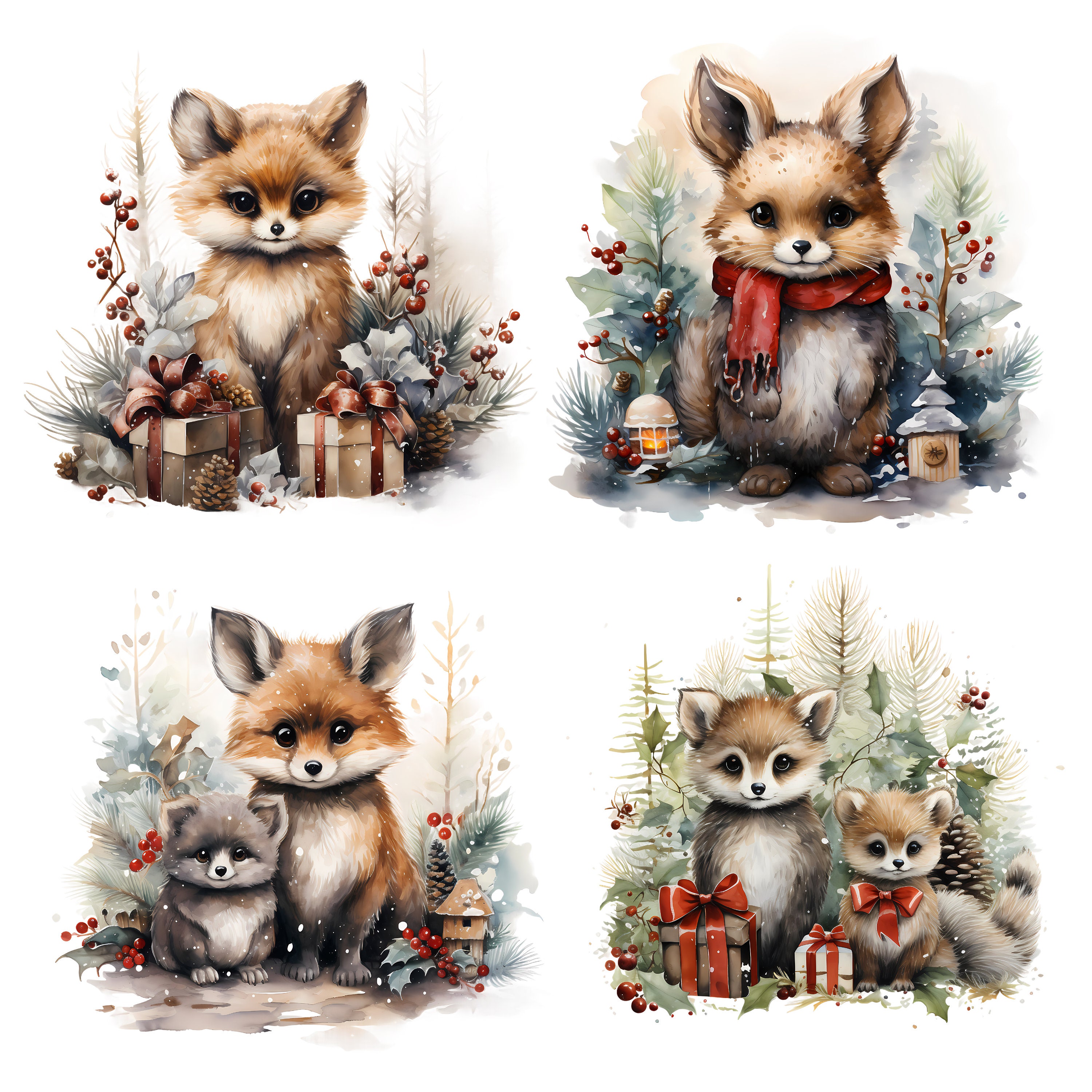 12 Christmas Woodland Clipart, Watercolor Woodland With Transparent ...