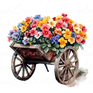 12 Floral Spring Cart Clipart, Digital Watercolor Flowers PNG, Spring ...