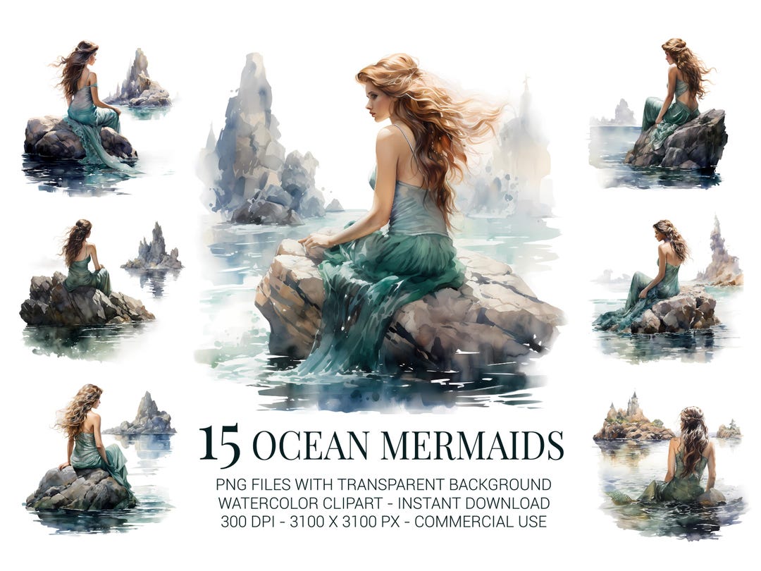 Ocean Mermaid Clipart Set - 15 Watercolor Mermaids Sitting on Rocks ...