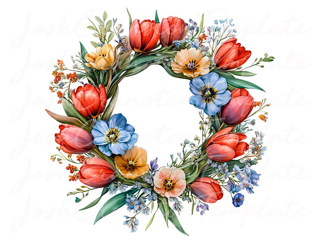 18 Spring Floral Wreath Digital Clipart, Red Tulips and Blue Flowers ...