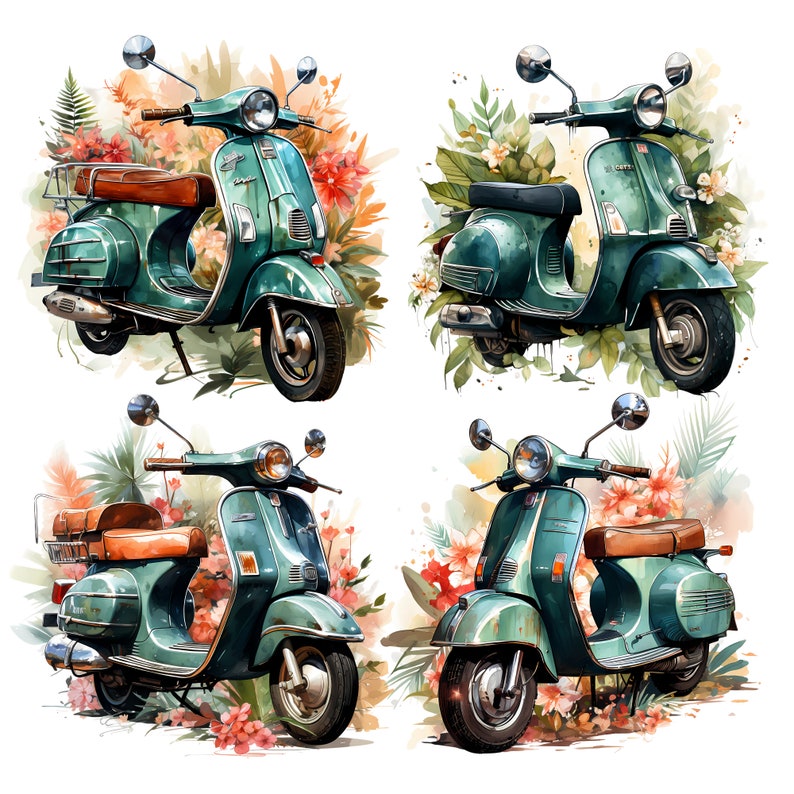 12 Italian Watercolor Vespa With Flowers Clipart, Motorcycle Clipart ...