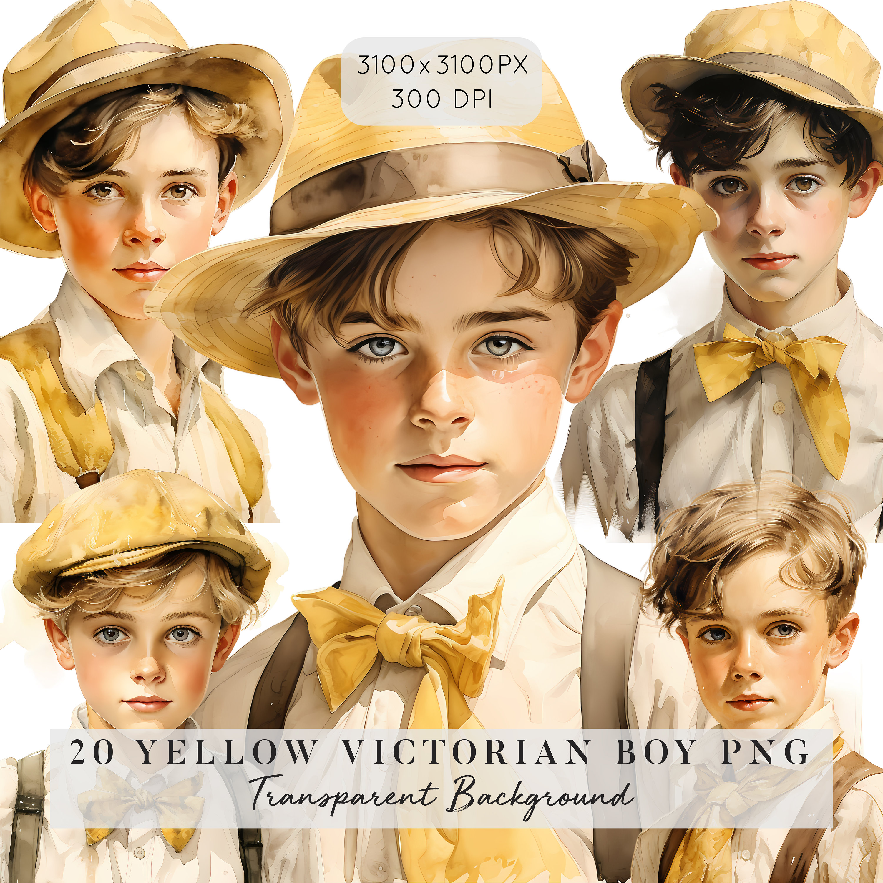 20 Yellow Victorian Boy Clipart, Watercolor Victorian Boy With ...
