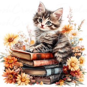 14 Cute Spring Kitten Clipart, Adorable Cat on Books Digital Art ...