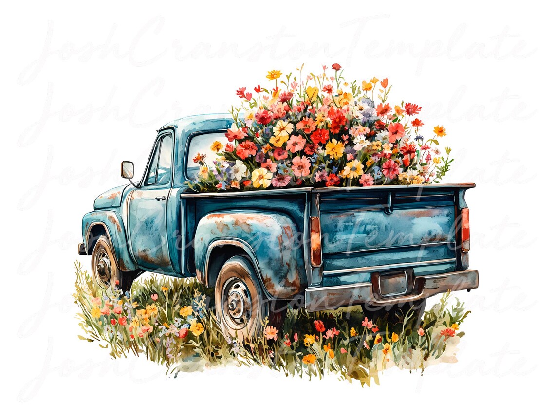 14 Vintage Truck Spring Flowers Clipart, Watercolor Floral Bouquet ...