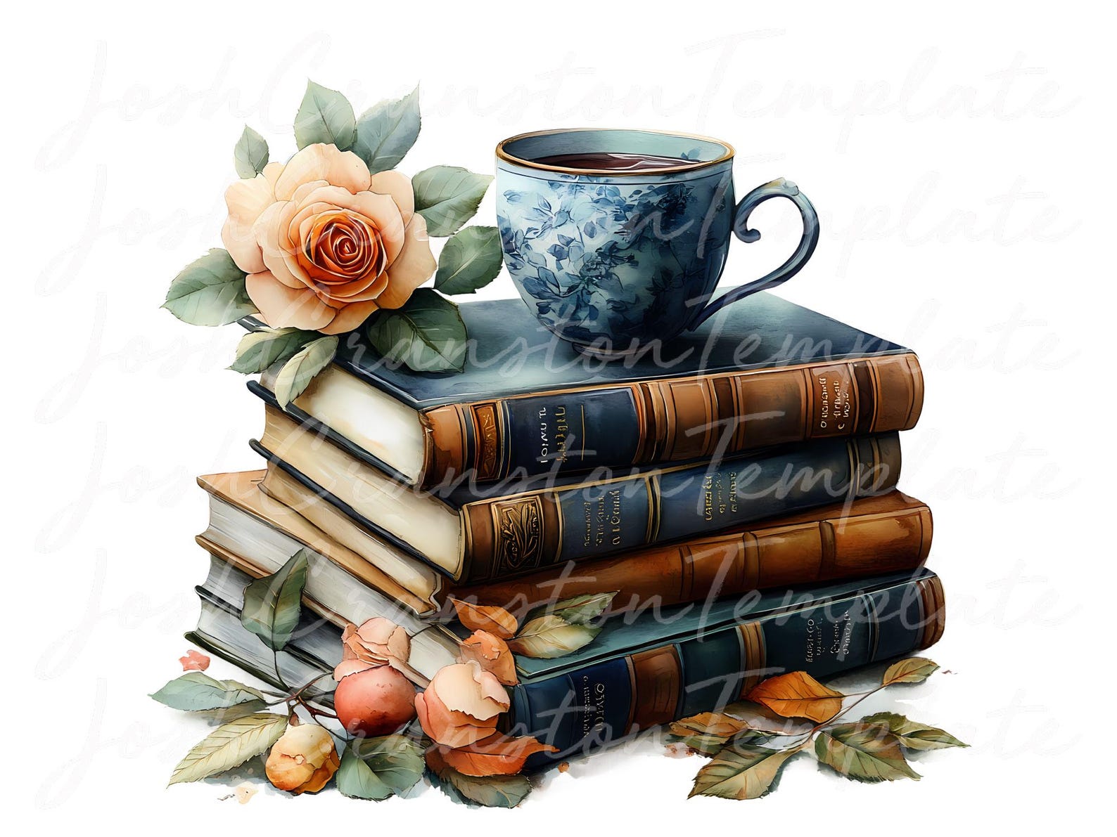 16 Vintage Rose Tea Cup on Stack of Books Clipart, Spring Floral ...