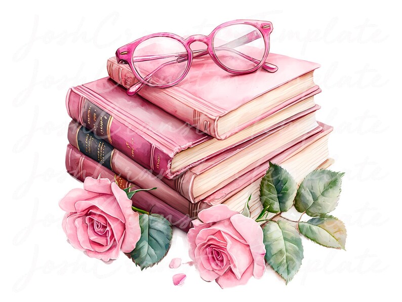 12 Vintage Books Clipart, Pink Book Stack, Spring Floral Illustration ...