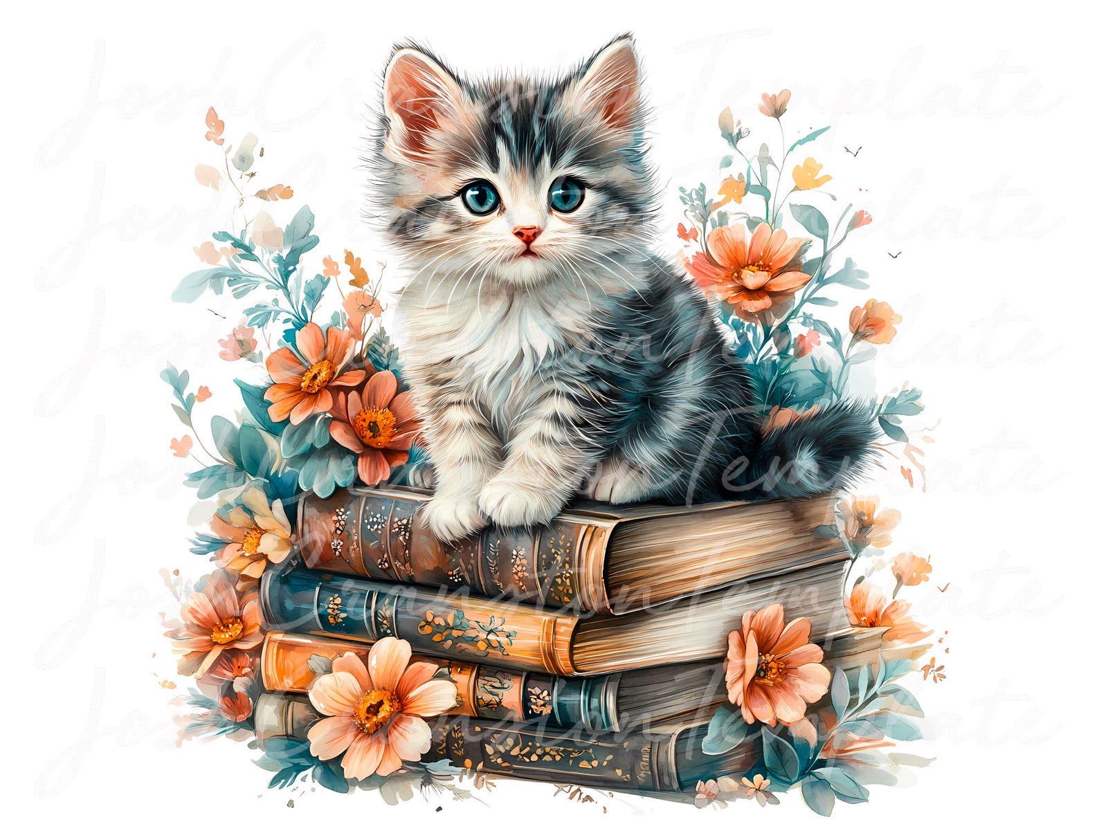 14 Cute Spring Kitten Clipart, Adorable Cat on Books Digital Art ...