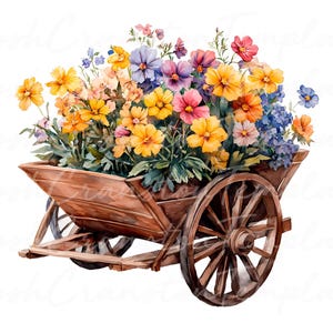 12 Floral Spring Cart Clipart, Digital Watercolor Flowers PNG, Spring ...