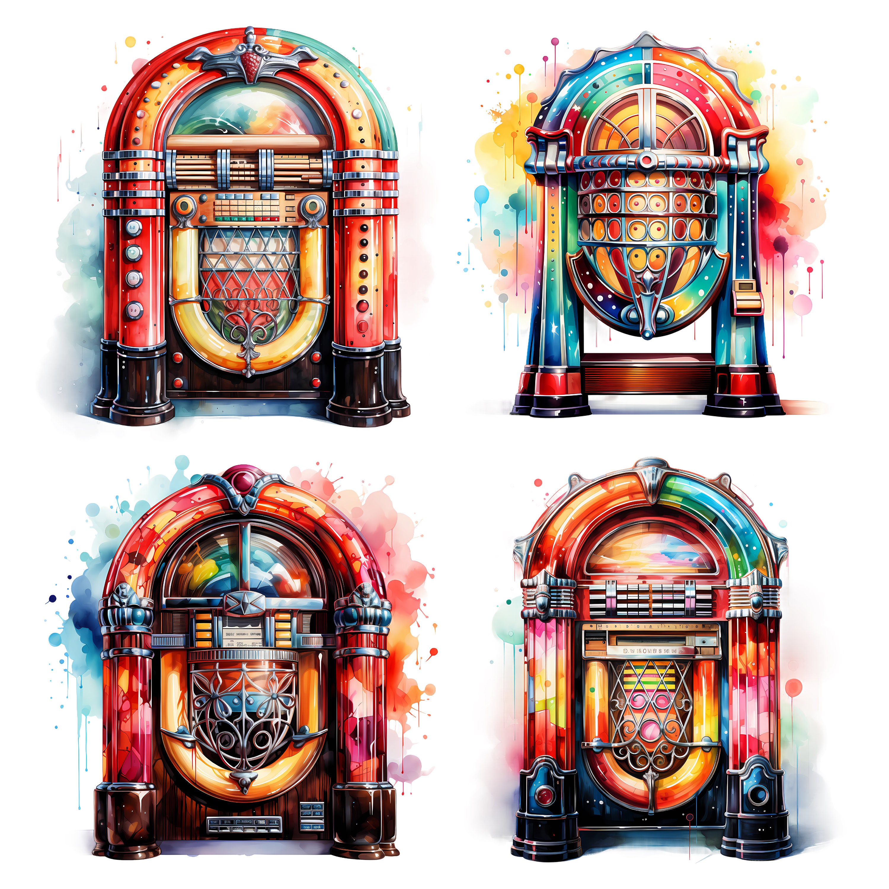 14 Rainbow Jukebox Clipart, Watercolor Jukebox With Transparent ...