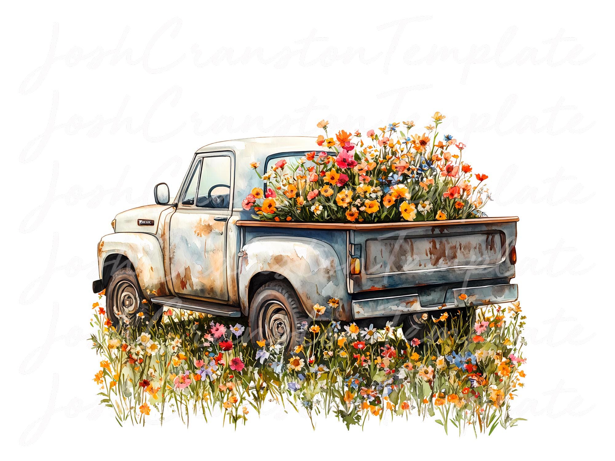 14 Vintage Truck Spring Flowers Clipart, Watercolor Floral Bouquet ...