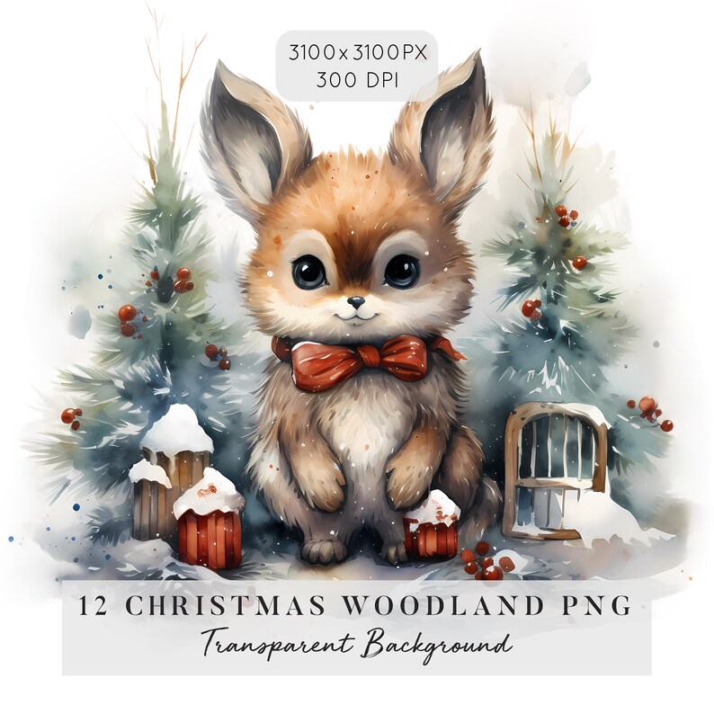 12 Christmas Woodland Clipart, Watercolor Woodland With Transparent ...