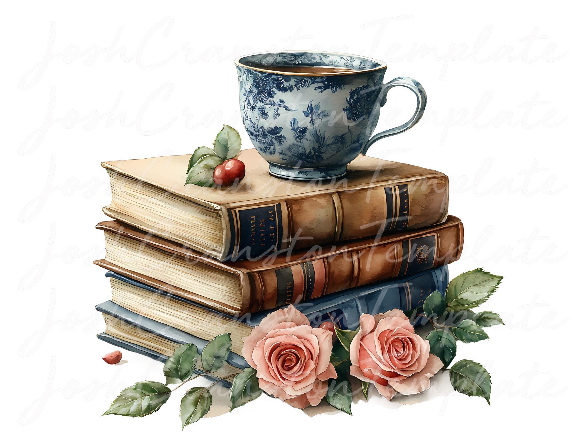 16 Vintage Rose Tea Cup on Stack of Books Clipart, Spring Floral ...