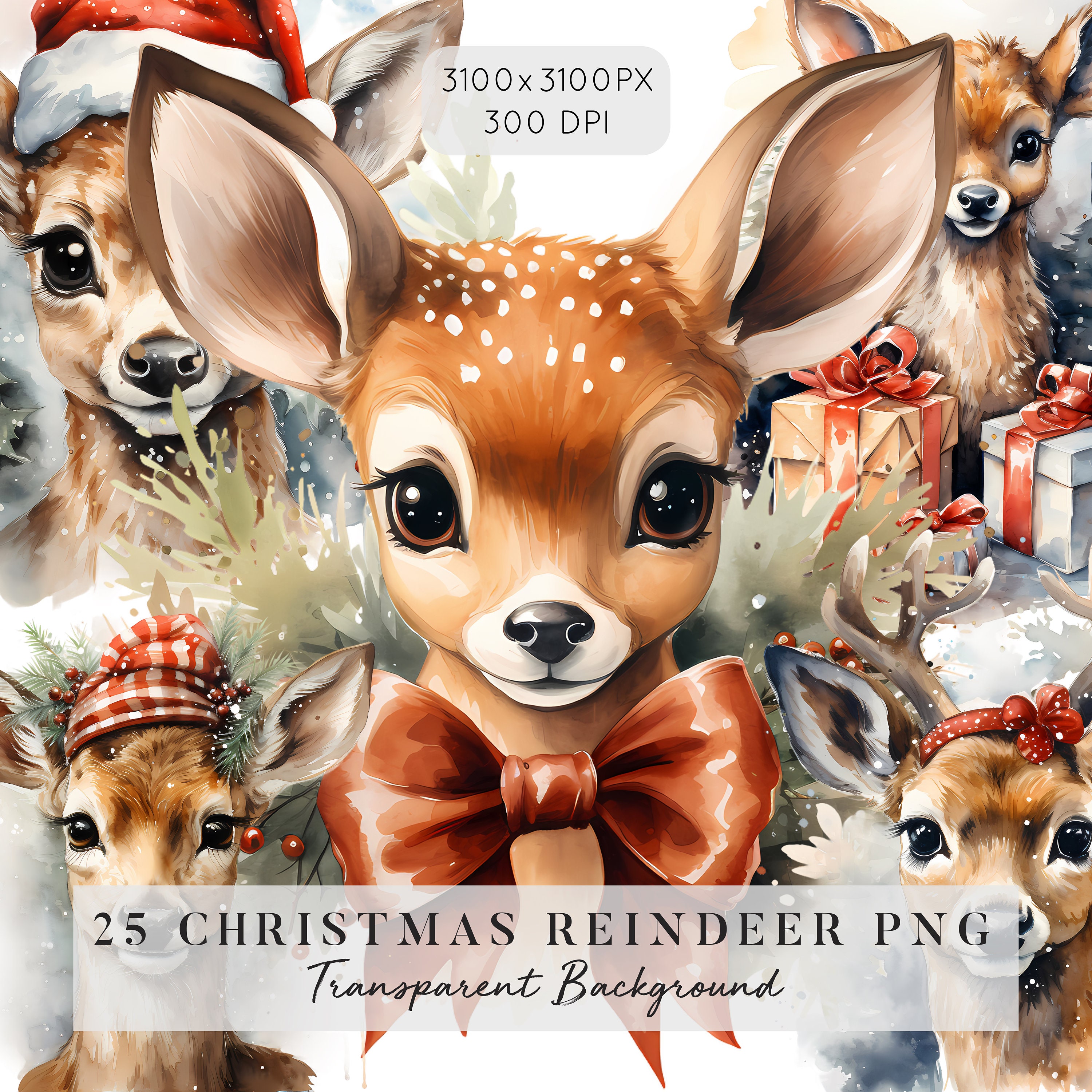 25 Christmas Reindeer Clipart, Watercolor Reindeer With Transparent ...