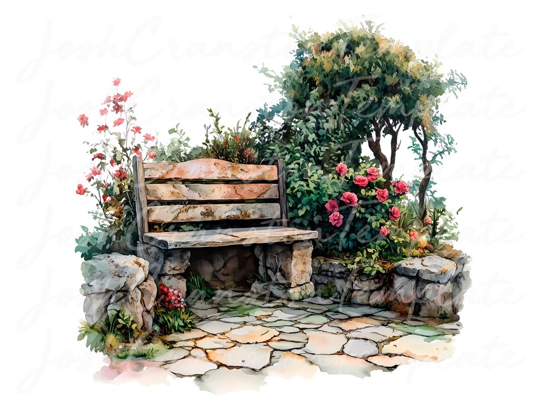 12 Spring Garden Digital Clipart Set, Hand Painted Floral Bench ...