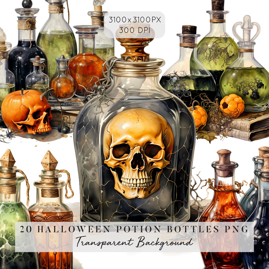 20 Halloween Potion Bottles Clipart, Watercolor Potion Botttle With ...