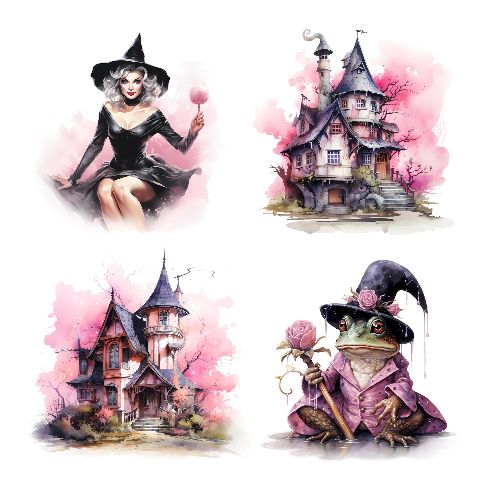 20 Pink Witch Clipart Watercolor Witch With Transparent - Etsy
