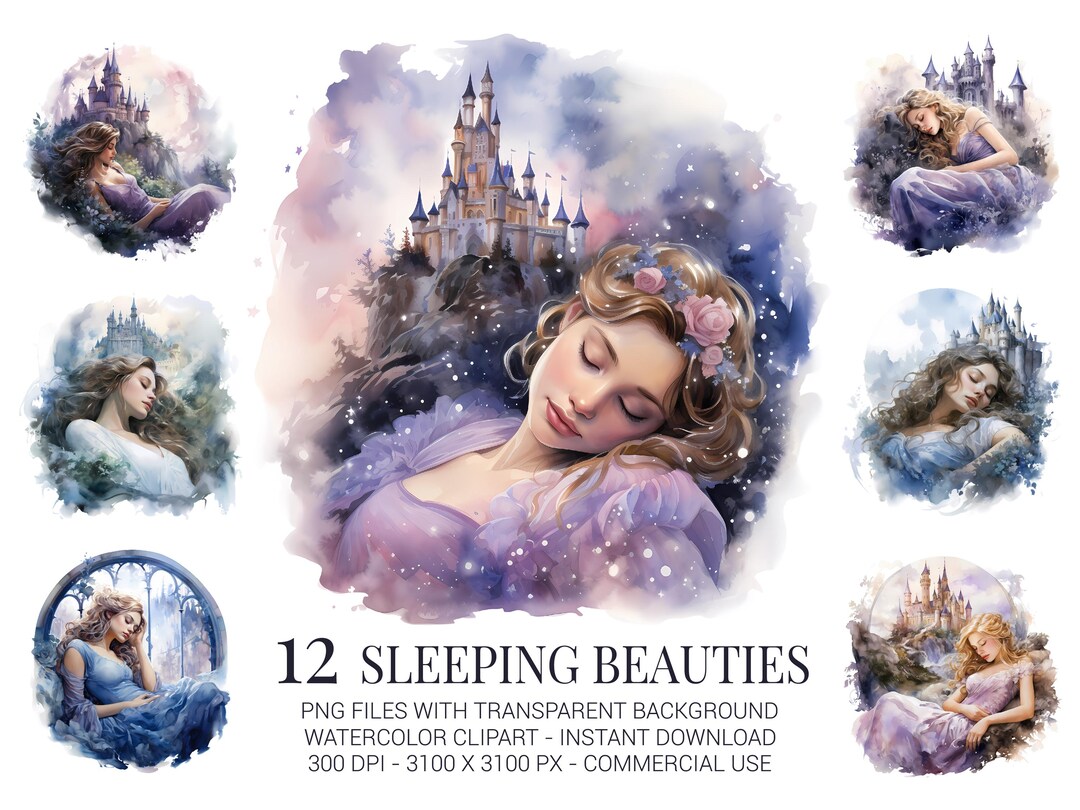 Sleeping Beauty Clipart Set - 12 Watercolor Princesses With Castles ...