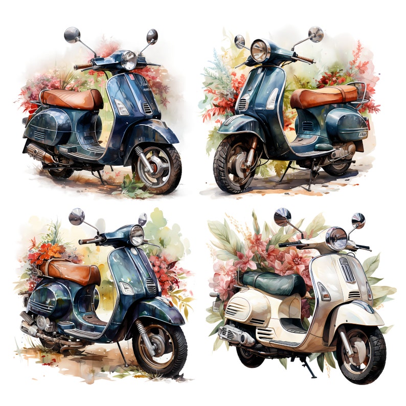 12 Italian Watercolor Vespa With Flowers Clipart, Motorcycle Clipart ...