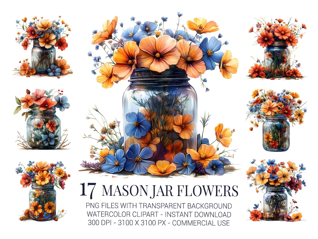 Mason Jar Flowers Clipart Set, Watercolor Floral Pngs With Wildflowers ...