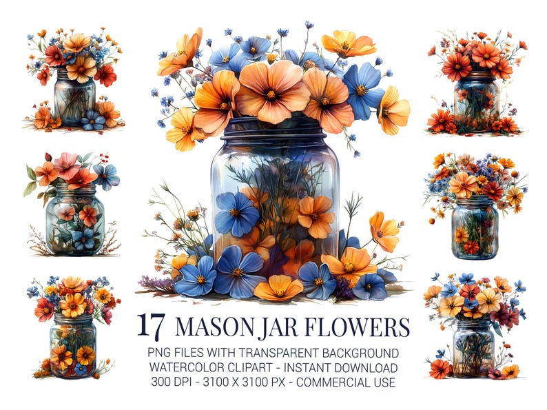 Mason Jar Flowers Clipart Set, Watercolor Floral Pngs With Wildflowers ...
