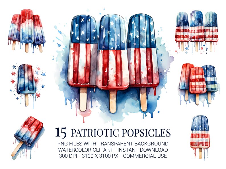 Patriotic Popsicles Clipart Set, 15 Watercolor Red White Blue Ice Pops ...