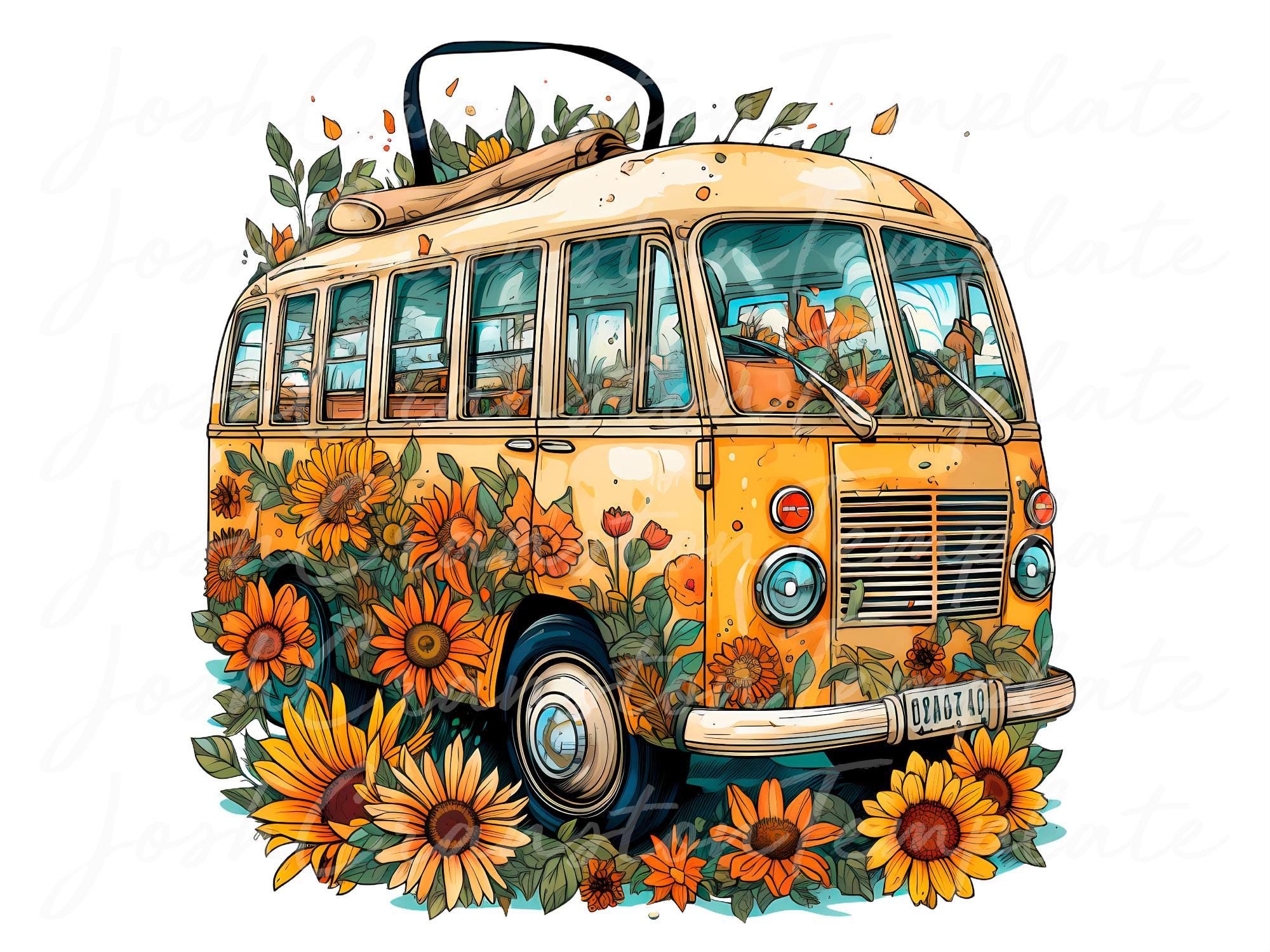 12 Vintage Floral Bus Art Print, Retro Sunflower Bus Illustration, Boho ...