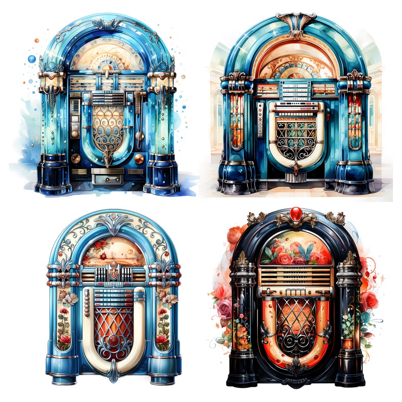 20 Retro Jukebox Clipart, Watercolor Jukebox With Transparent ...