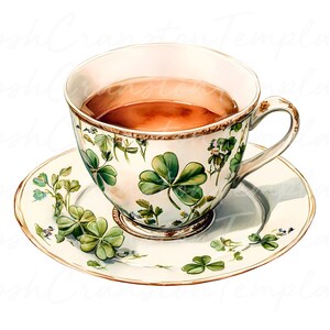 18 Vintage Tea Cup Printable Art, Shamrock Coffee Cup Print, Irish Tea ...