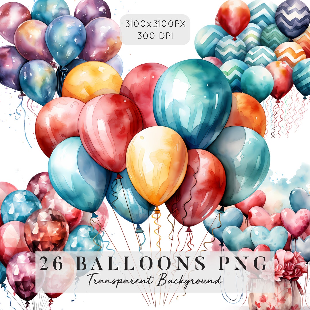 26 Balloons Clipart, Watercolor Birthday Balloons With Transparent ...