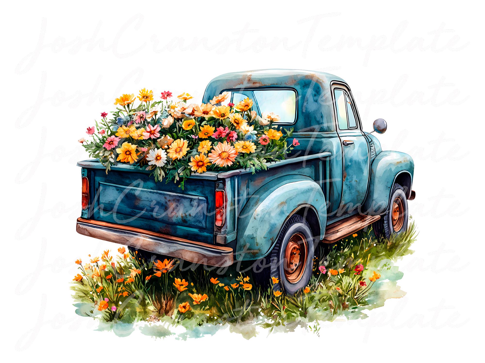 14 Vintage Truck Spring Flowers Clipart, Watercolor Floral Bouquet ...
