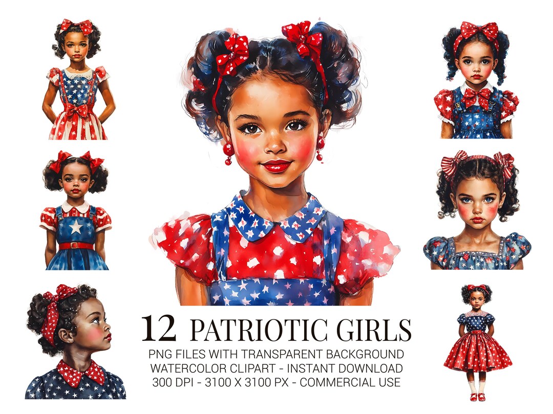 Patriotic Girls Clipart, 12 Watercolor Pngs of Cute Girls in Red White ...