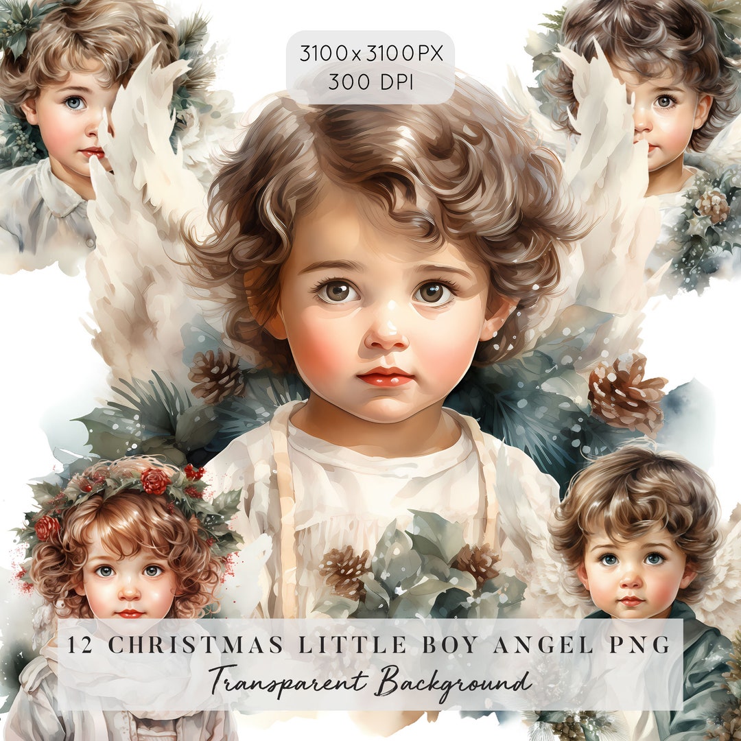 12 Christmas Little Boy Angel Watercolor Clipart, PNG Transparent ...