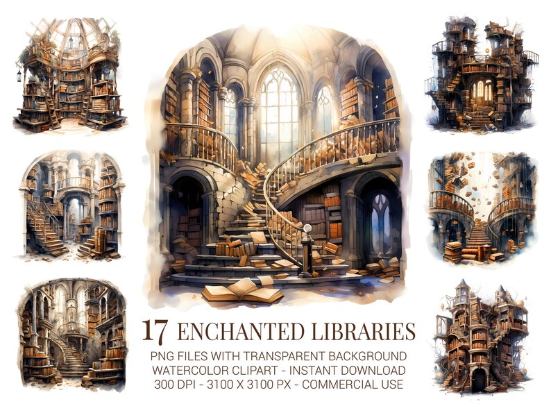 Enchanted Library Clipart Set - 17 Magical Bookshelf & Fantasy ...